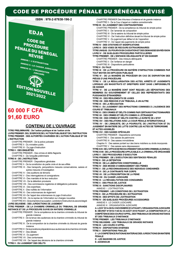 CODE DE PROCÉDURE PÉNALE DU SÉNÉGAL RÉVISÉ – EDJA